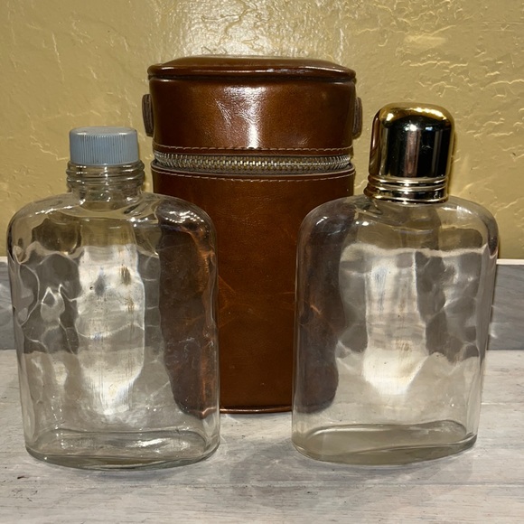 Other | Vintage 195s Travel 3piece Glass Liquor Flasks Set W Leather ...